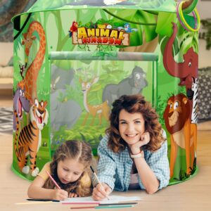 MayMoi Animal World Kids Play Tent with Ring Toss - Pop Up Tent for Kids Girls & Boys, Indoor Play Kids Tent & Foldable Playhouse Toy