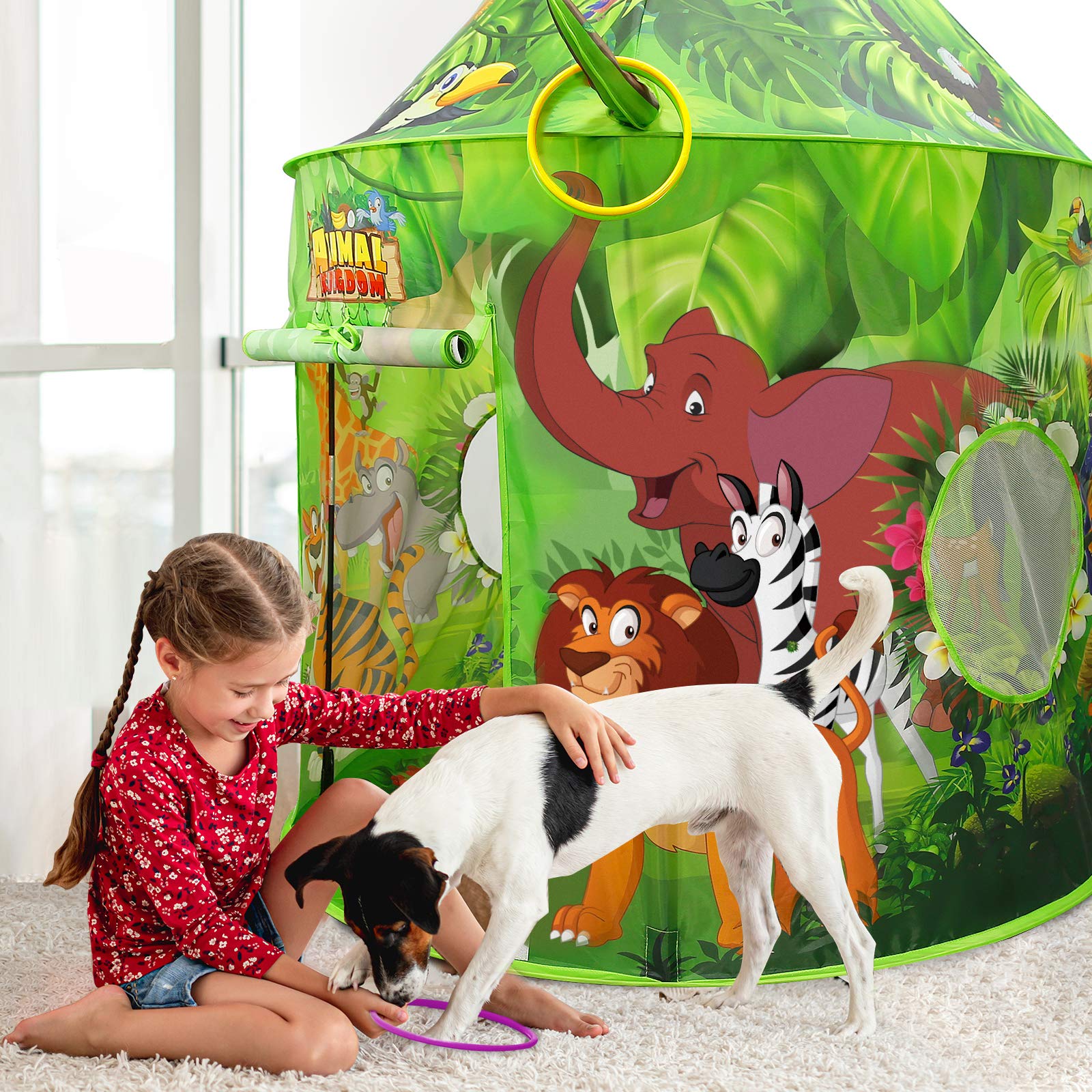 MayMoi Animal World Kids Play Tent with Ring Toss - Pop Up Tent for Kids Girls & Boys, Indoor Play Kids Tent & Foldable Playhouse Toy