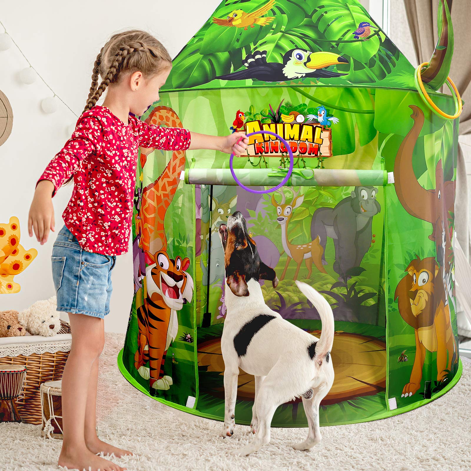 MayMoi Animal World Kids Play Tent with Ring Toss - Pop Up Tent for Kids Girls & Boys, Indoor Play Kids Tent & Foldable Playhouse Toy