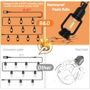 B&D Lantern String Lights Patio Lights, 25FT 2700K Mini Kerosene Lamp Appearance String Lights with 10 Shatterproof Plastic Bulbs, Waterproof ETL Listed String Lights for Outside Garden Wedding