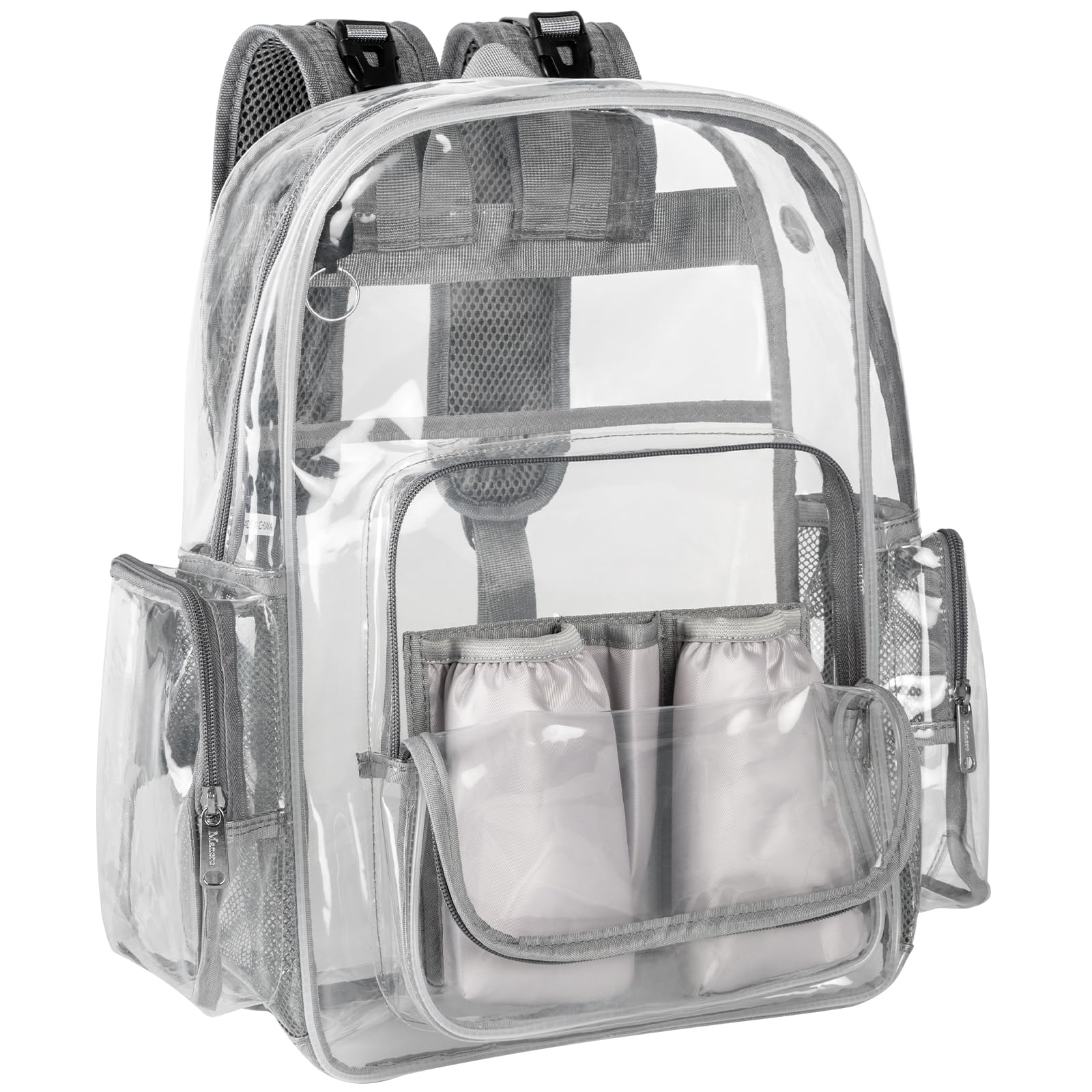 Mancro Diaper Bag Backpack, Clear Baby Bag Heavy Duty Transparent Backpack for Girls Boys, Multifunction Large Travel Backpack Maternity Baby Changing Bags for Mom with Stroller Straps, Grey