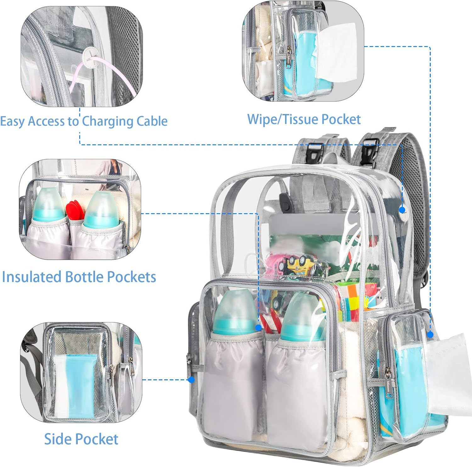 Mancro Diaper Bag Backpack, Clear Baby Bag Heavy Duty Transparent Backpack for Girls Boys, Multifunction Large Travel Backpack Maternity Baby Changing Bags for Mom with Stroller Straps, Grey