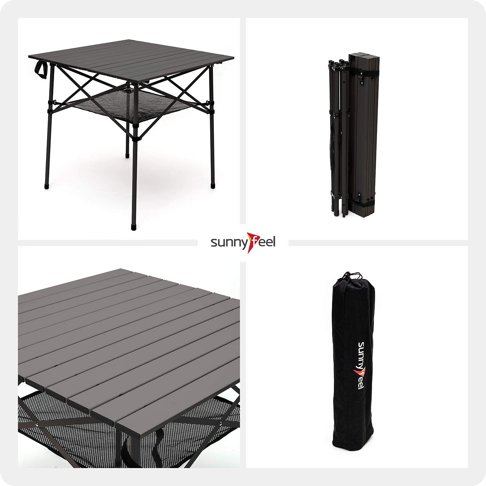 SUNNYFEEL Outdoor Folding Table | Lightweight Compact Aluminum Camping Table, Roll Up Top 4 People Portable Camp Square Tables with Carry Bag for Picnic/Cooking/Beach/Travel/BBQ