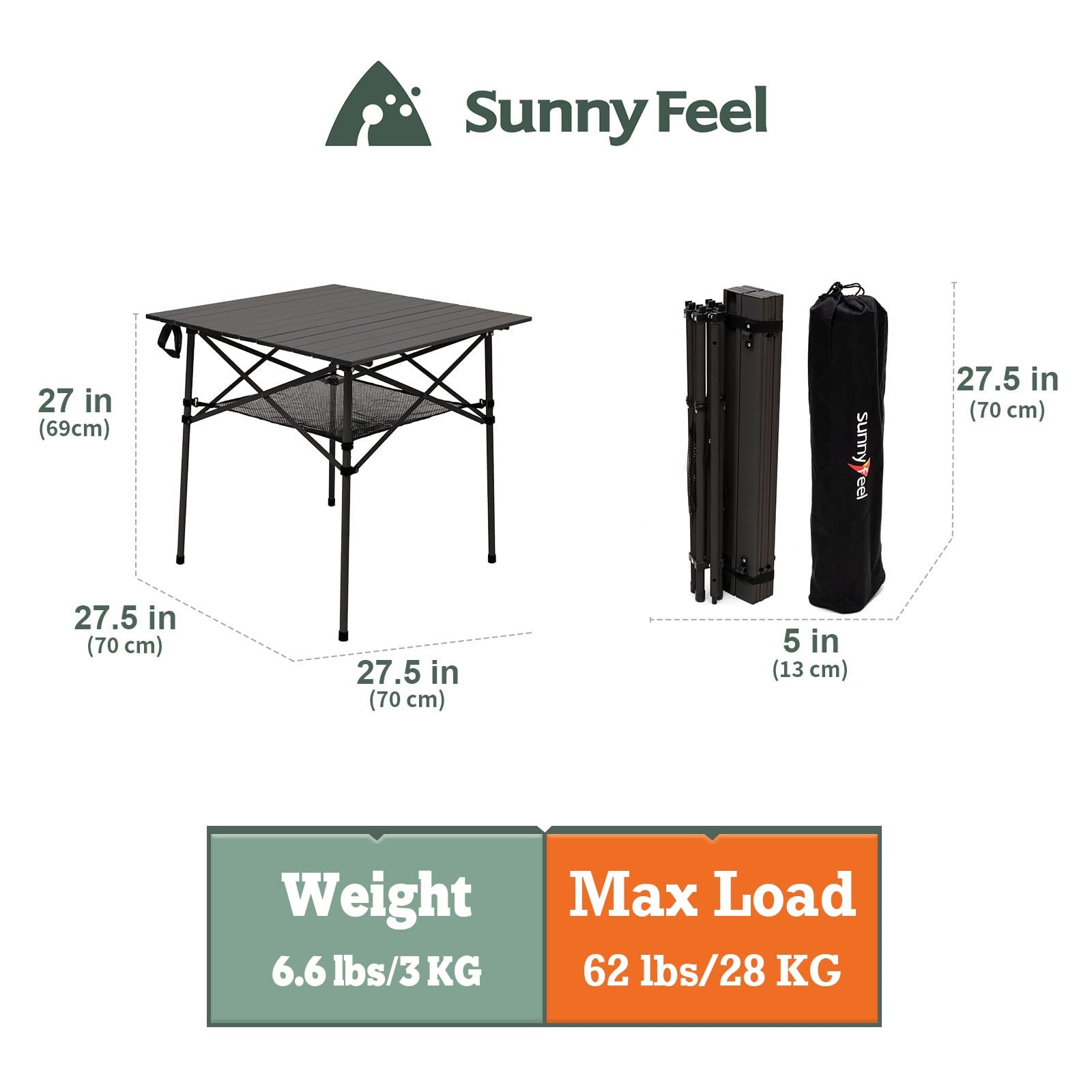 SUNNYFEEL Outdoor Folding Table | Lightweight Compact Aluminum Camping Table, Roll Up Top 4 People Portable Camp Square Tables with Carry Bag for Picnic/Cooking/Beach/Travel/BBQ