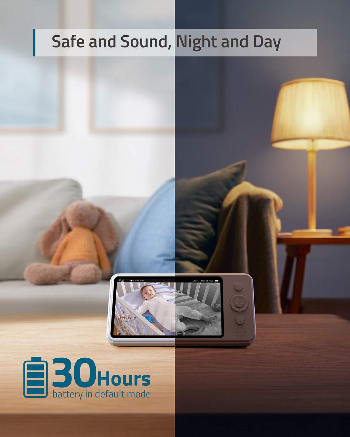 eufy Security Video and Audio Baby Monitor, 720p Resolution, Large 5” Display, 5,200 mAh Battery, 2-Way Audio, Night Vision, Lullaby Player, 1000 ft Range, Manual Pan & Tilt (Renewed)