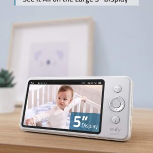 eufy Security Video and Audio Baby Monitor, 720p Resolution, Large 5” Display, 5,200 mAh Battery, 2-Way Audio, Night Vision, Lullaby Player, 1000 ft Range, Manual Pan & Tilt (Renewed)