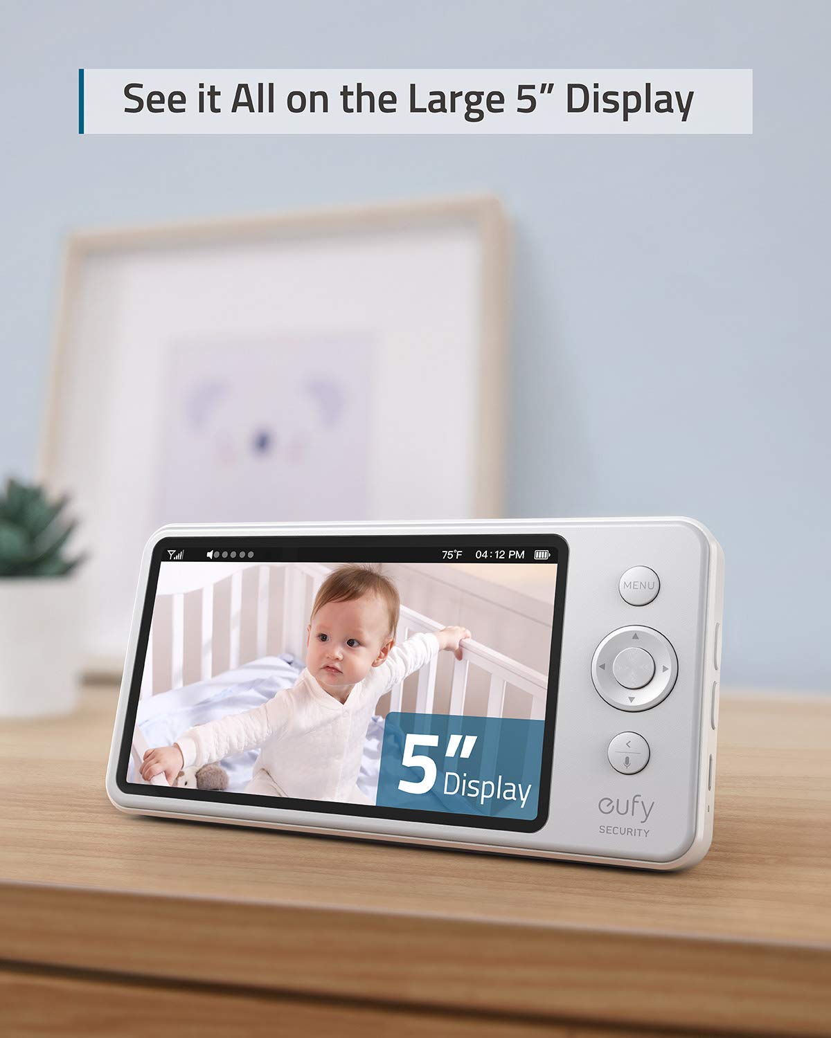 eufy Security Video and Audio Baby Monitor, 720p Resolution, Large 5” Display, 5,200 mAh Battery, 2-Way Audio, Night Vision, Lullaby Player, 1000 ft Range, Manual Pan & Tilt (Renewed)