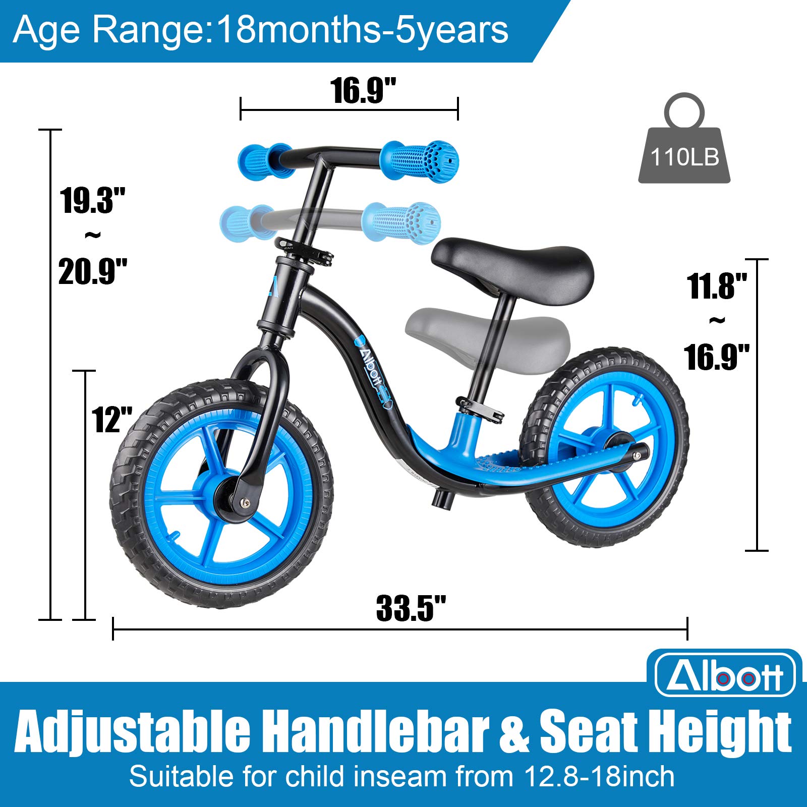 Albott Balance Bike Training Bike for 18 Months Kids - No Pedal 12" Push Bikes with Footrest for Baby Toddlers (Black)