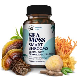 HAPPY FOX Irish Sea Moss Capsules & Mushroom Complex Wildcrafted Sea Moss, Adaptogens, Brain Health Supplements for Adults - Seamoss Pills, Organic Mushrooms Supplement - 1500mg, 90 Vegan Caps