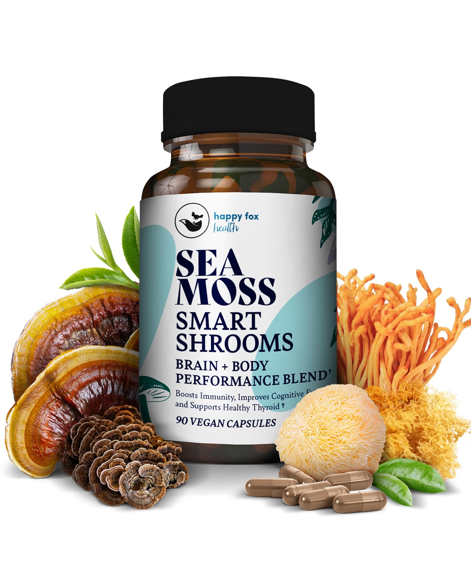 HAPPY FOX Irish Sea Moss Capsules & Mushroom Complex Wildcrafted Sea Moss, Adaptogens, Brain Health Supplements for Adults - Seamoss Pills, Organic Mushrooms Supplement - 1500mg, 90 Vegan Caps