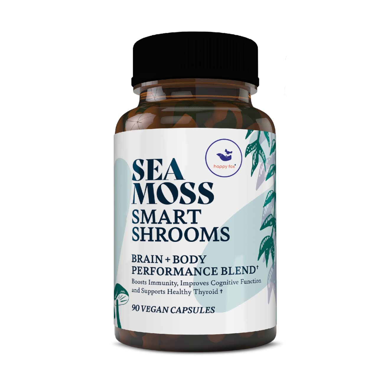 HAPPY FOX Irish Sea Moss Capsules & Mushroom Complex Wildcrafted Sea Moss, Adaptogens, Brain Health Supplements for Adults - Seamoss Pills, Organic Mushrooms Supplement - 1500mg, 90 Vegan Caps