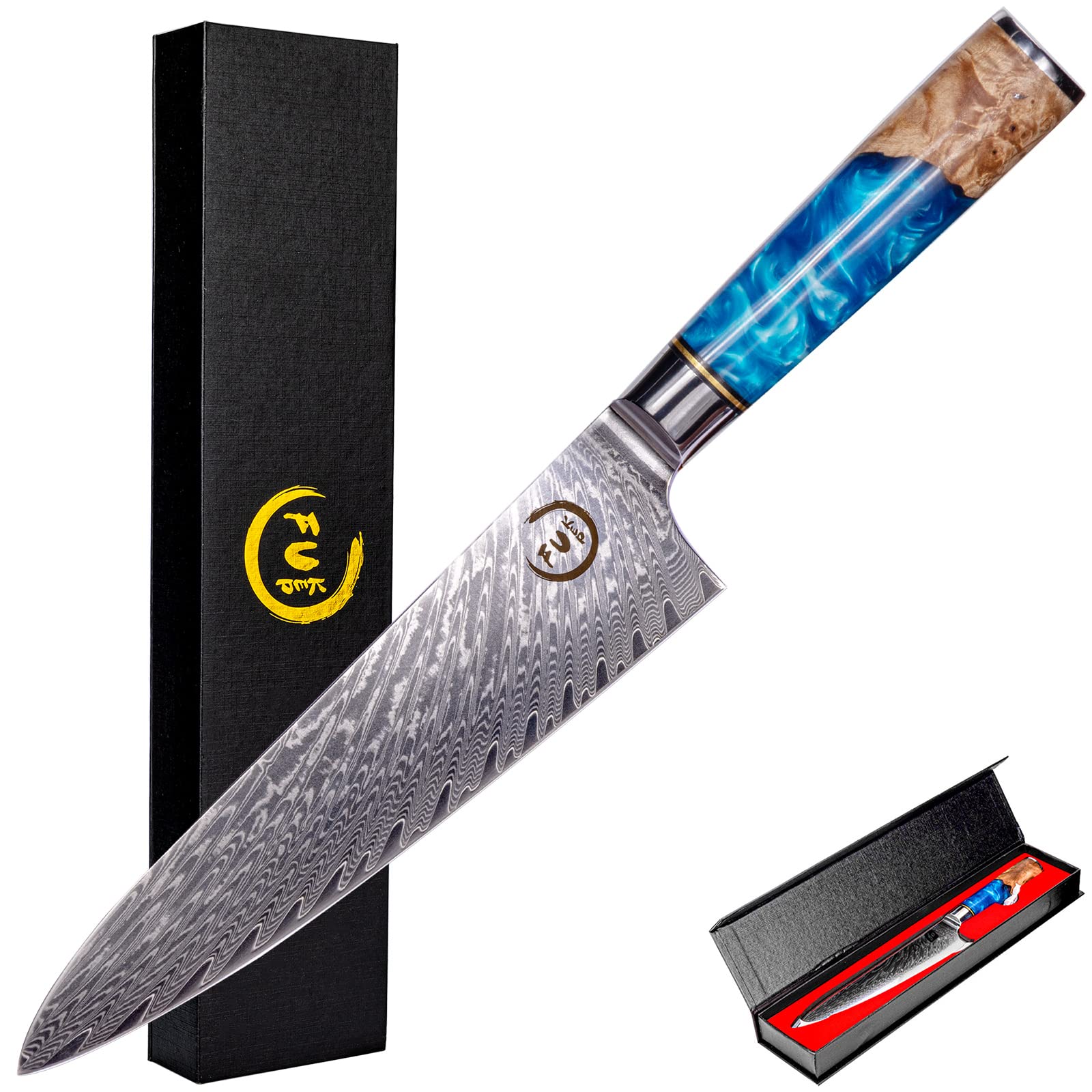 Chef Knife 8 inch, Fukep Damascus Chef Knife VG10 Core Steel with 66-Layers High Carbon Professional Sharp Chefs Knife 8" Blade Ergonomic Beautiful Blue Resin Handle Gift Boxed