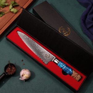 Chef Knife 8 inch, Fukep Damascus Chef Knife VG10 Core Steel with 66-Layers High Carbon Professional Sharp Chefs Knife 8" Blade Ergonomic Beautiful Blue Resin Handle Gift Boxed