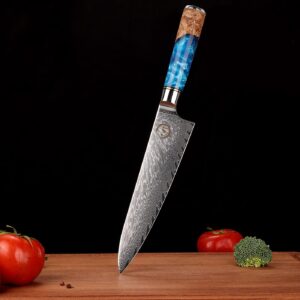 Chef Knife 8 inch, Fukep Damascus Chef Knife VG10 Core Steel with 66-Layers High Carbon Professional Sharp Chefs Knife 8" Blade Ergonomic Beautiful Blue Resin Handle Gift Boxed