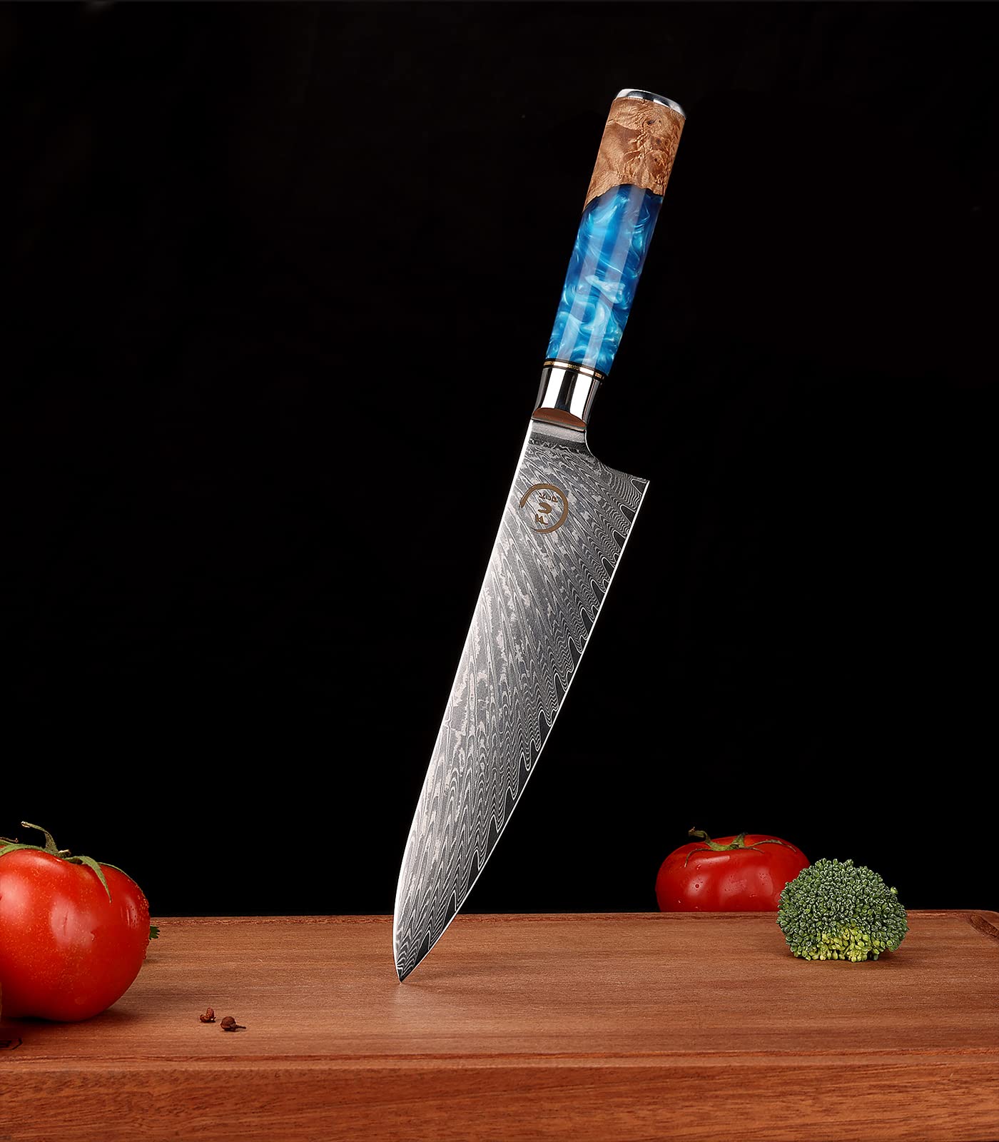 Chef Knife 8 inch, Fukep Damascus Chef Knife VG10 Core Steel with 66-Layers High Carbon Professional Sharp Chefs Knife 8" Blade Ergonomic Beautiful Blue Resin Handle Gift Boxed