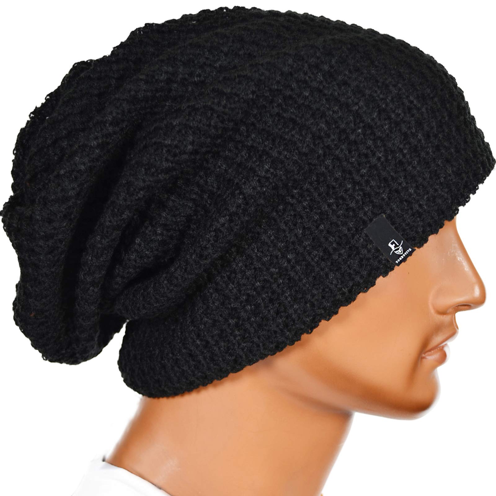 FORBUSITE Mens Slouchy Long Oversized Beanie Hat Black Knit Cap for Summer Winter