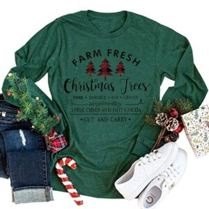 Farm Fresh Christmas Plaid Trees T Shirt Womens Casual Letter Print Long Sleeve Shirt Funny Pullover Graphic Tees (Green, Medium)