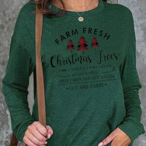 Farm Fresh Christmas Plaid Trees T Shirt Womens Casual Letter Print Long Sleeve Shirt Funny Pullover Graphic Tees (Green, Medium)