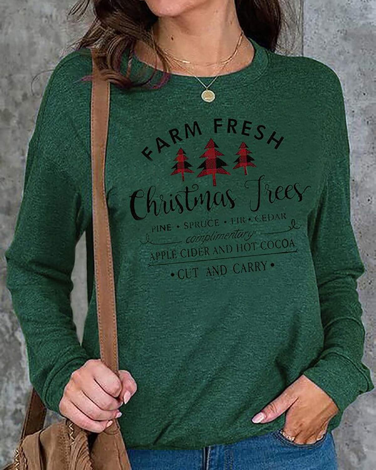 Farm Fresh Christmas Plaid Trees T Shirt Womens Casual Letter Print Long Sleeve Shirt Funny Pullover Graphic Tees (Green, Medium)