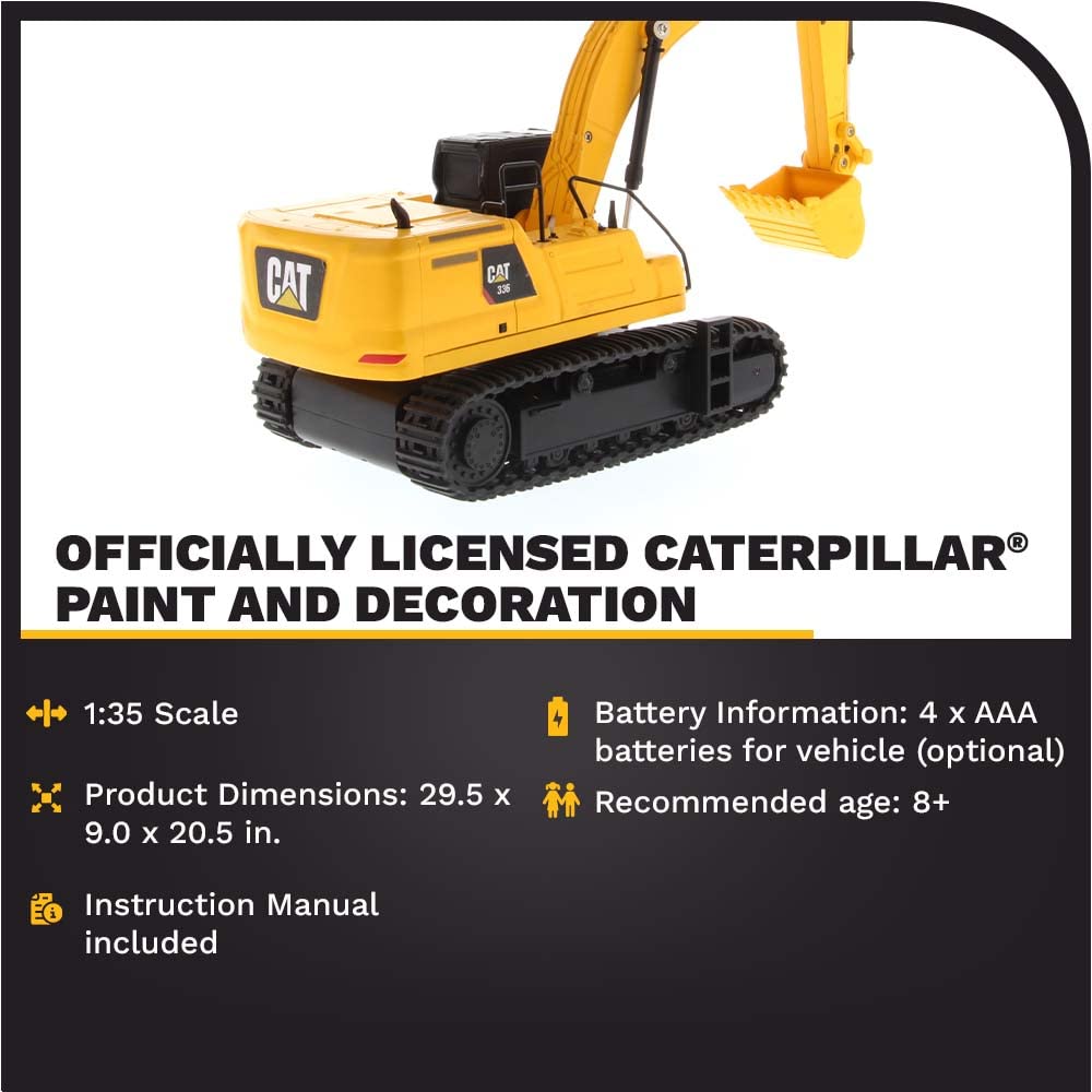 Caterpillar Diecast Masters 23001 - Remote Controlled RC Chain Excavator 336 Next Gen, Detailed, Realistic Cat Construction Vehicle in 1:35, Approx. 29.5 x 9 x 15 cm, Approx. 25 m Range, from 8 Years