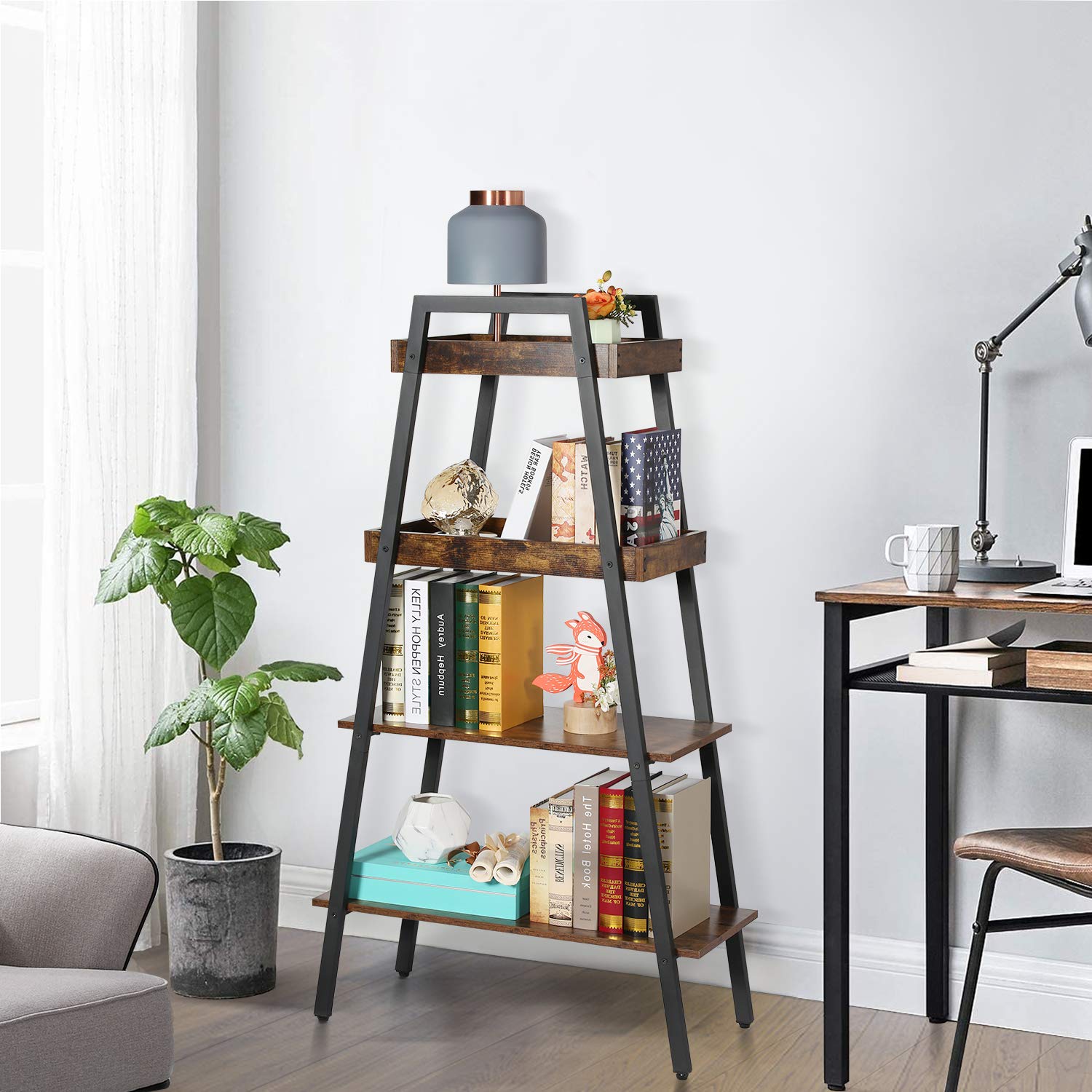 VECELO Ladder Bookshelf-4 Tier, Wood Storage Rack Industrial Bookcases Metal Frame, Plant Flower Stand for Living Room, Home Office, Kitchen, Bedroom, Easy Assembly, Rustic Brown