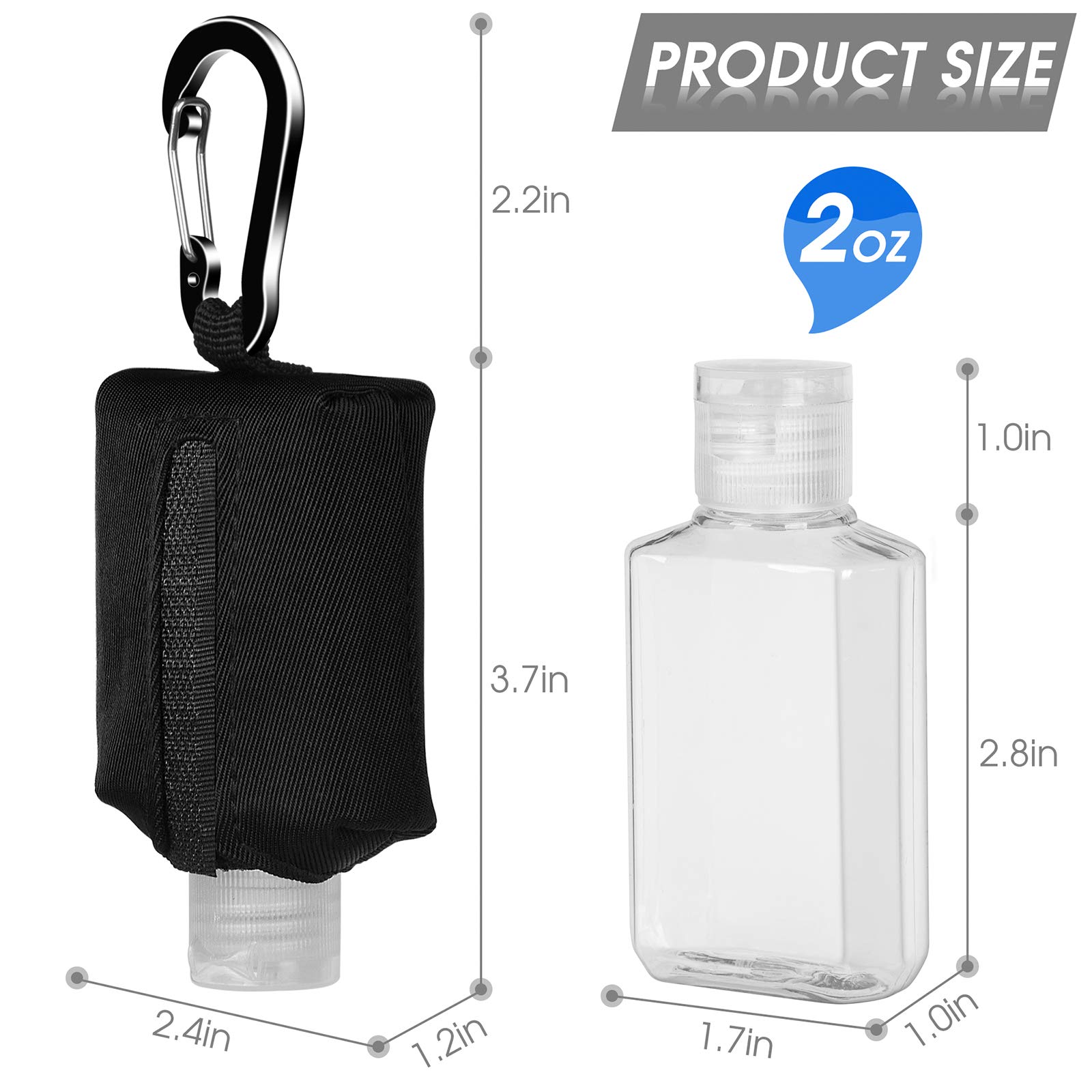 Hand Sanitizer Bottle Case Holder, Jollsung Travel Size Empty Bottle Refillable Containers for Soap, Lotion, and Liquids - 60ML/2 oz Flip Cap Reusable Bottles with Carabiner Carriers (Black)