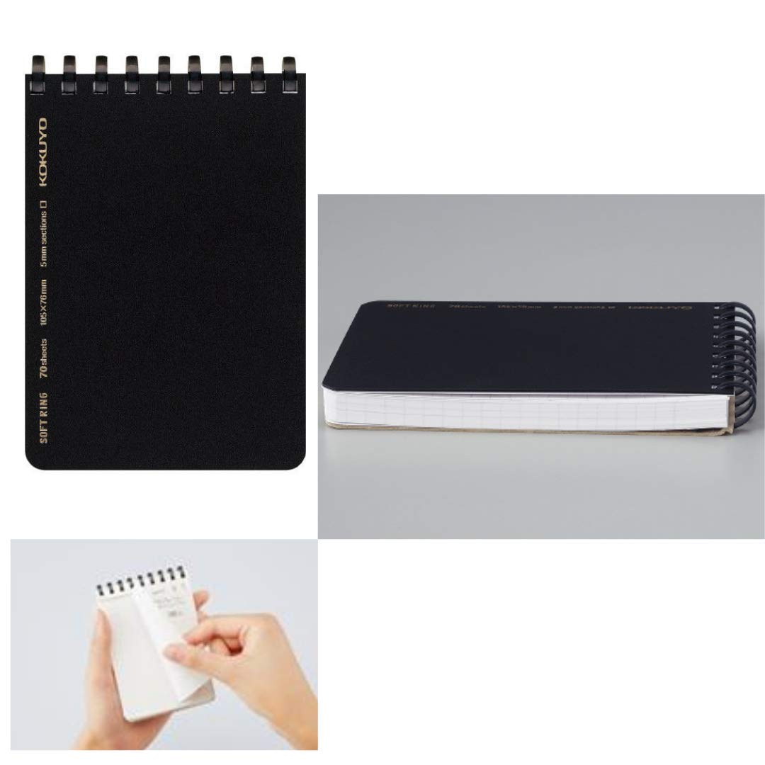 Kokuyo. Softring Memo Business A7, 5mm Grid, 70 Sheets Black (メ-SV477S5-D) - 4 Pack