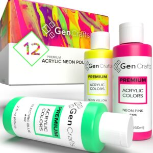 GenCrafts Neon Acrylic Pouring Paint 12 Colors - Pre-Mixed High Flow Ready to Pour - 2 oz./59 ml Bottles - Multi-Purpose Paints for Canvas, Paper, Rocks, Wood