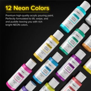 GenCrafts Neon Acrylic Pouring Paint 12 Colors - Pre-Mixed High Flow Ready to Pour - 2 oz./59 ml Bottles - Multi-Purpose Paints for Canvas, Paper, Rocks, Wood