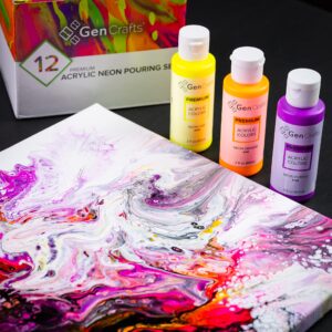 GenCrafts Neon Acrylic Pouring Paint 12 Colors - Pre-Mixed High Flow Ready to Pour - 2 oz./59 ml Bottles - Multi-Purpose Paints for Canvas, Paper, Rocks, Wood