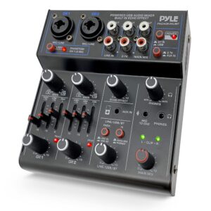 pyle professional wireless dj audio mixer - 4 channel bluetooth controller sound mixer, usb audio interface, 2 combo jack xlr+6.35mm mic/line/guitar in, 3.5mm, rca aux, headphone jack - pad43mxubt