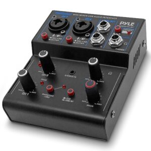 pyle professional wireless dj audio mixer - 2-channel bluetooth dj controller sound mixer w/usb audio interface, combo jack microphone/guitar xlr+6.35mm, 3.5mm stereo in, headphone jack - pad22mxubt