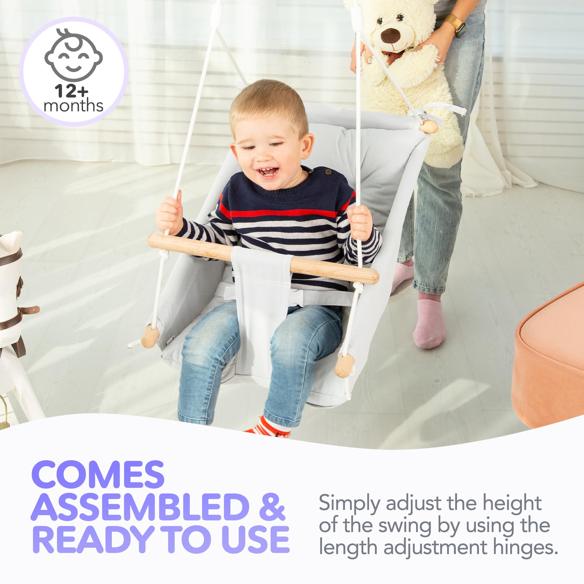 CaTeam - Canvas Kids Swing, Wooden Hanging Swing Seat Chair with Safety Belt, Durable Toddler Swing Chair, Outdoor and Indoor Swing for Kids, Mounting Hardware Included, Ivory