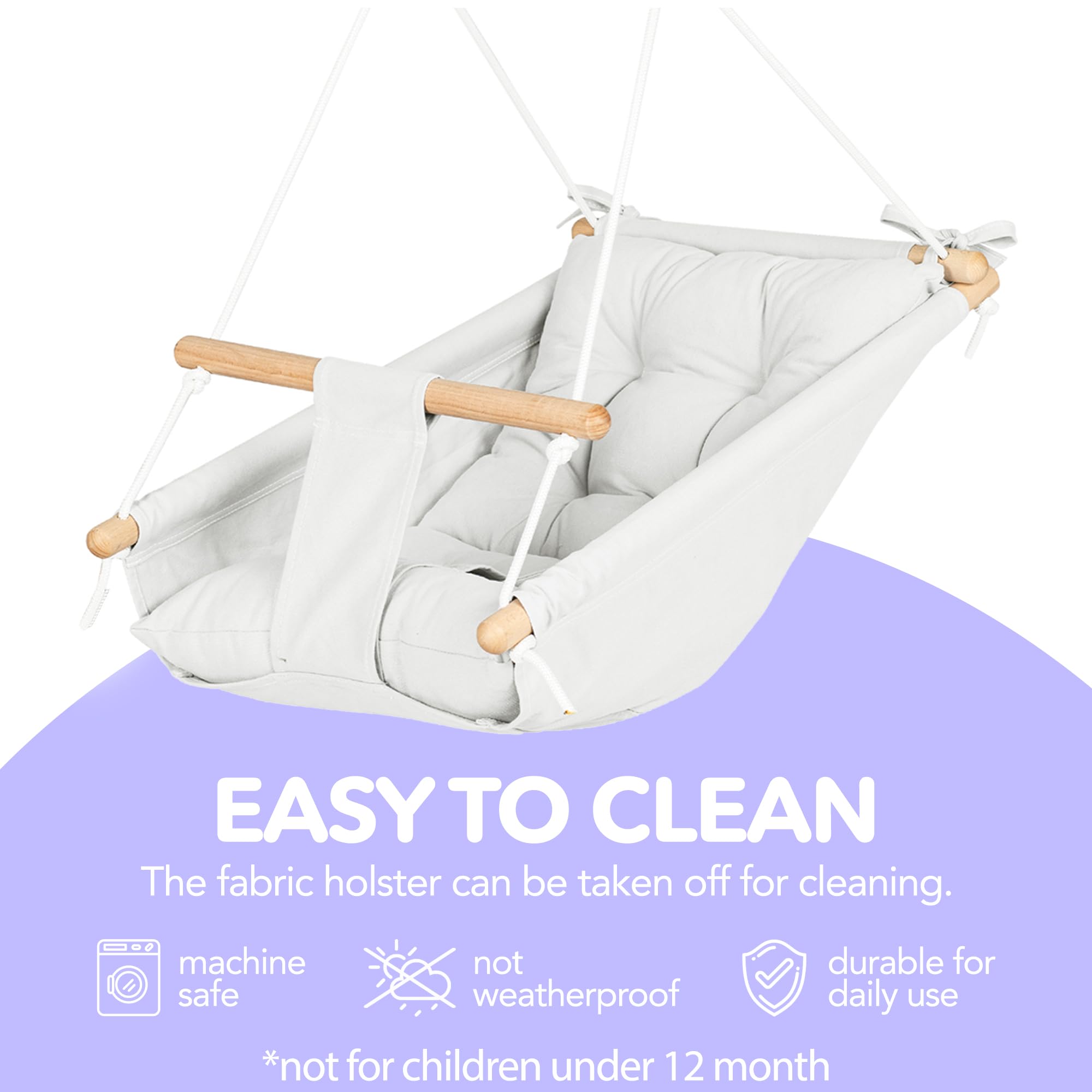 CaTeam - Canvas Kids Swing, Wooden Hanging Swing Seat Chair with Safety Belt, Durable Toddler Swing Chair, Outdoor and Indoor Swing for Kids, Mounting Hardware Included, Ivory