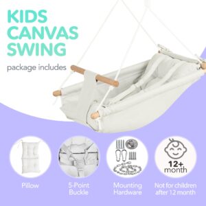 CaTeam - Canvas Kids Swing, Wooden Hanging Swing Seat Chair with Safety Belt, Durable Toddler Swing Chair, Outdoor and Indoor Swing for Kids, Mounting Hardware Included, Ivory