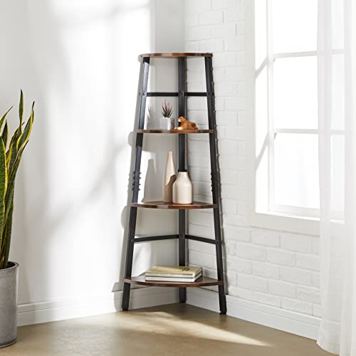 AZL1 Life Concept Industrial Corner Shelf, 4-Tier Bookcase, Storage Rack, Plant Stand for Home Office, Wood Look Accent Furniture with Metal Frame, Rustic Brown