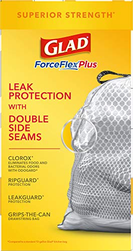 Glad Trash Bags, Tall Kitchen Garbage Bags ForceFlex Plus with Clorox, 13 Gallon, Lemon Fresh Bleach Scent 90 Count (Package May Vary), White-gray, Lemon Fresh