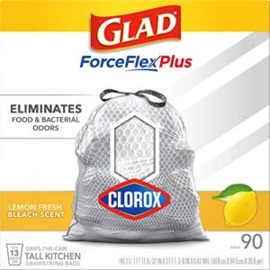 Glad Trash Bags, Tall Kitchen Garbage Bags ForceFlex Plus with Clorox, 13 Gallon, Lemon Fresh Bleach Scent 90 Count (Package May Vary), White-gray, Lemon Fresh