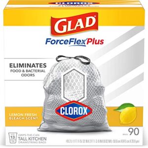 Glad Trash Bags, Tall Kitchen Garbage Bags ForceFlex Plus with Clorox, 13 Gallon, Lemon Fresh Bleach Scent 90 Count (Package May Vary), White-gray, Lemon Fresh