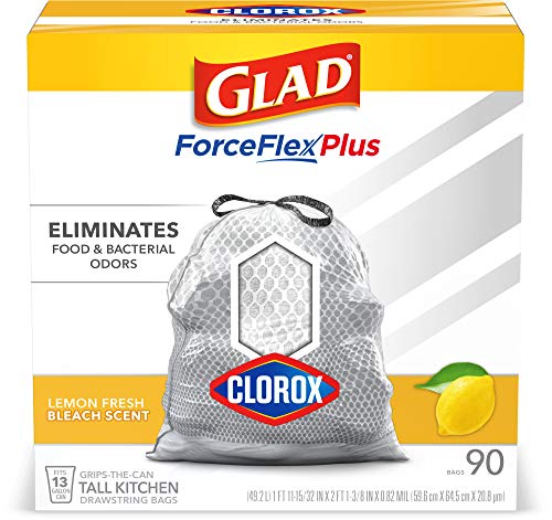 Glad Trash Bags, Tall Kitchen Garbage Bags ForceFlex Plus with Clorox, 13 Gallon, Lemon Fresh Bleach Scent 90 Count (Package May Vary), White-gray, Lemon Fresh