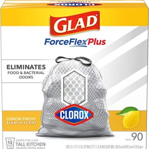 Glad Trash Bags, Tall Kitchen Garbage Bags ForceFlex Plus with Clorox, 13 Gallon, Lemon Fresh Bleach Scent 90 Count (Package May Vary), White-gray, Lemon Fresh