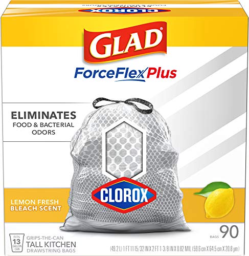 Glad Trash Bags, Tall Kitchen Garbage Bags ForceFlex Plus with Clorox, 13 Gallon, Lemon Fresh Bleach Scent 90 Count (Package May Vary), White-gray, Lemon Fresh