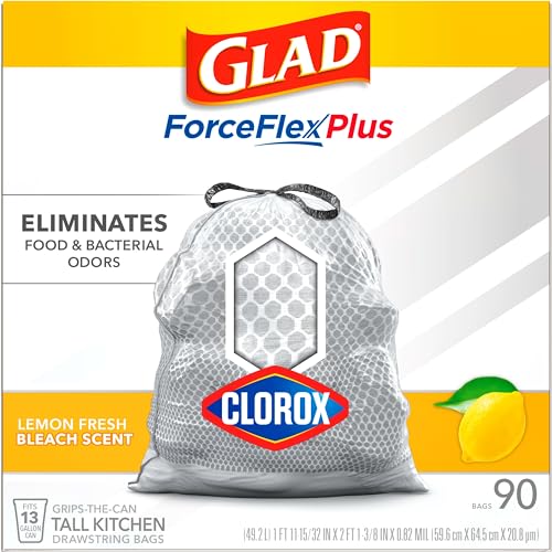 Glad Trash Bags, Tall Kitchen Garbage Bags ForceFlex Plus with Clorox, 13 Gallon, Lemon Fresh Bleach Scent 90 Count (Package May Vary), White-gray, Lemon Fresh