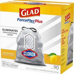 Glad Trash Bags, Tall Kitchen Garbage Bags ForceFlex Plus with Clorox, 13 Gallon, Lemon Fresh Bleach Scent 90 Count (Package May Vary), White-gray, Lemon Fresh