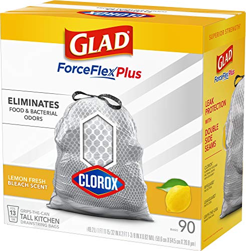 Glad Trash Bags, Tall Kitchen Garbage Bags ForceFlex Plus with Clorox, 13 Gallon, Lemon Fresh Bleach Scent 90 Count (Package May Vary), White-gray, Lemon Fresh