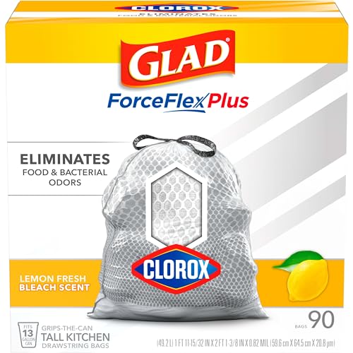 Glad Trash Bags, Tall Kitchen Garbage Bags ForceFlex Plus with Clorox, 13 Gallon, Lemon Fresh Bleach Scent 90 Count (Package May Vary), White-gray, Lemon Fresh