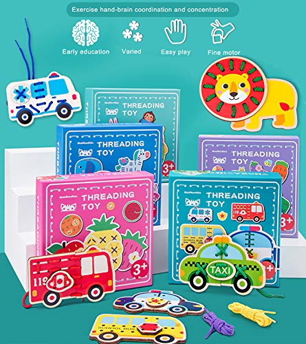 Promise Babe 5 Pack Animals Lacing Cards Wooden Puzzle Threading Toys Montessori Sewing Cards for Toddler Early Learning Fine Motor Skills Preschool Toys…