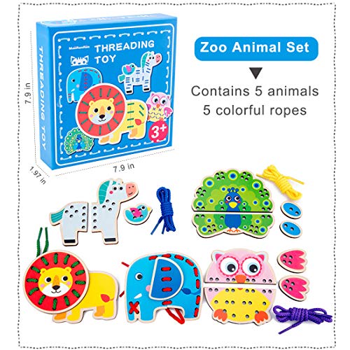 Promise Babe 5 Pack Animals Lacing Cards Wooden Puzzle Threading Toys Montessori Sewing Cards for Toddler Early Learning Fine Motor Skills Preschool Toys…