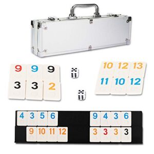 nolie 106 tiles rummy cube game set with aluminum case and 4 anti-skid durable trays for 2-4 players