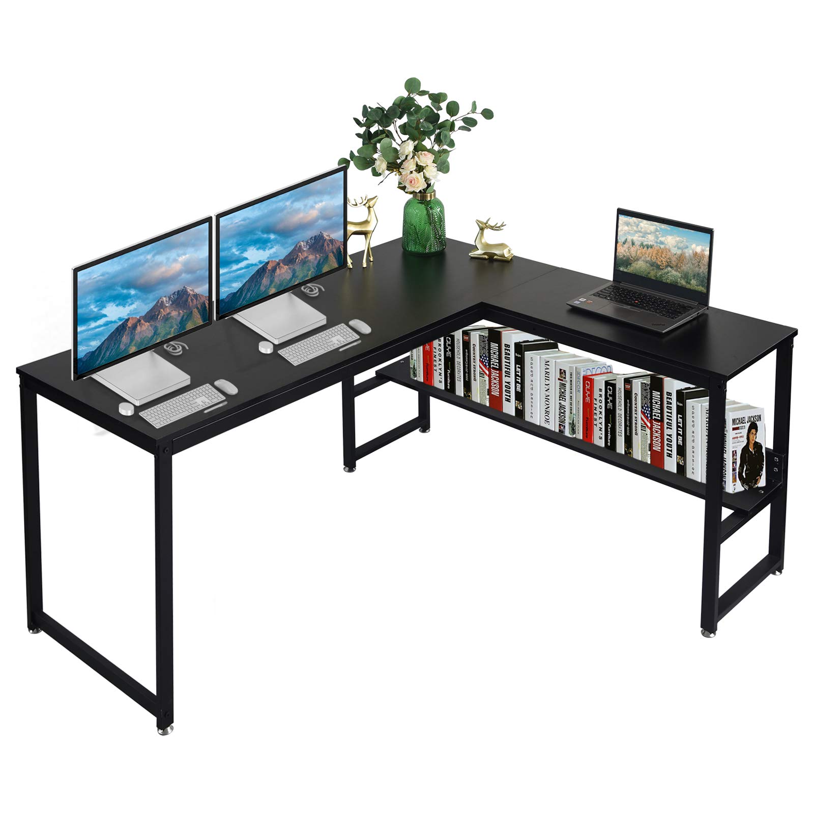 NSdirect L-Shaped Desk,Corner Computer Desk for Home Office Black Large L Desk for Gaming Big Table with Bookshelf,Space-Saving Workstation,Black